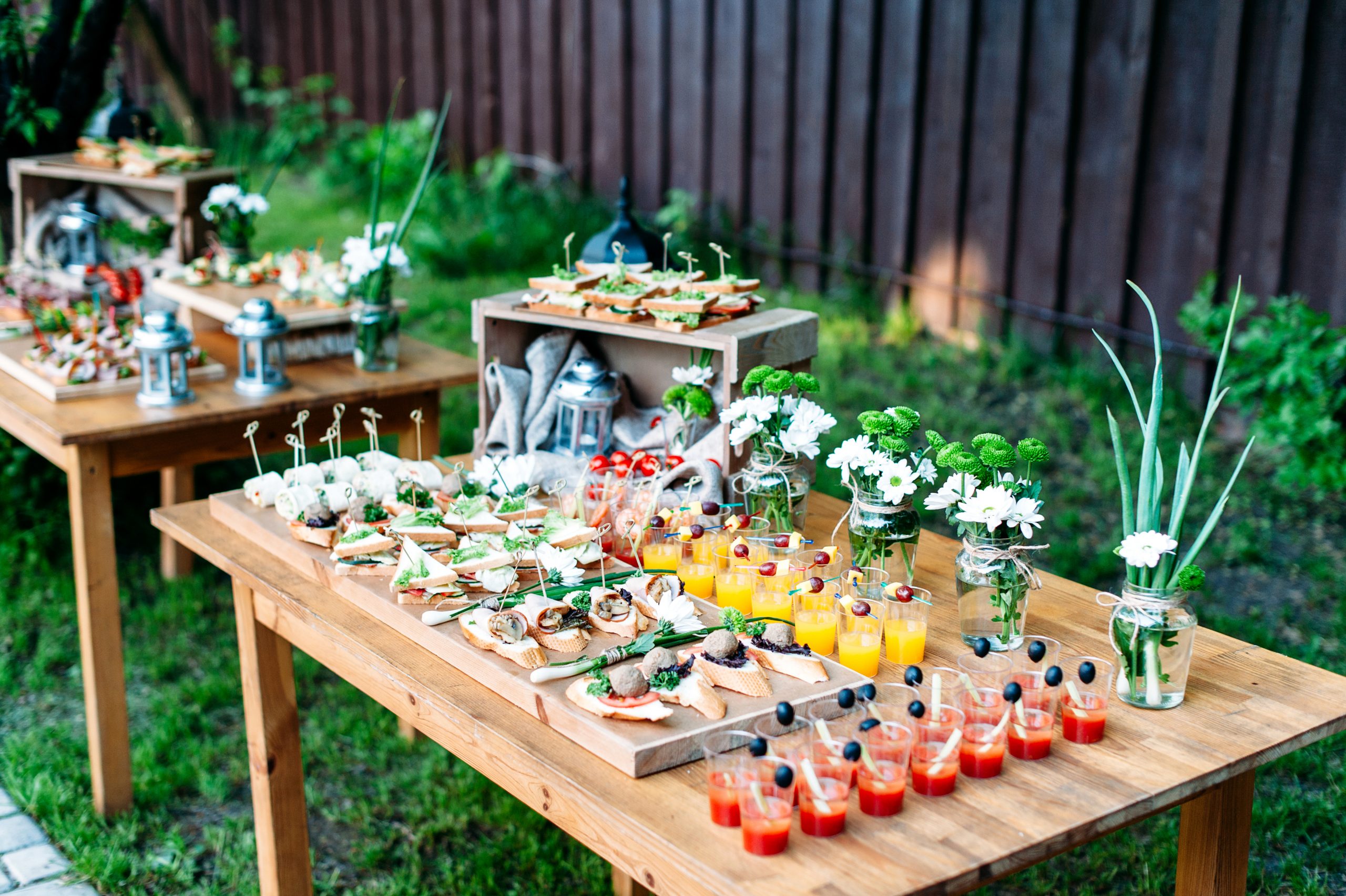 Beautiful catering banquet buffet table decorated in rustic style in ...